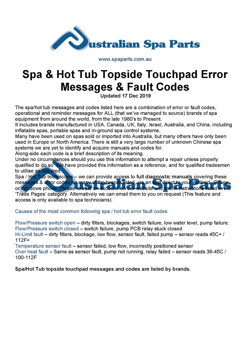 Spa & hot tub error messages - error codes - topside touchpad control panel fault